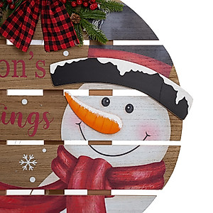 Glitzhome Lighted Outdoor Christmas Wooden Porch Sign with Timer 6 Hours On /18 Hours Off,12LED Lights Christmas Snowman Porch Sign for Outside Decor "Season's Greetings" with Display Leg & Hang Hole