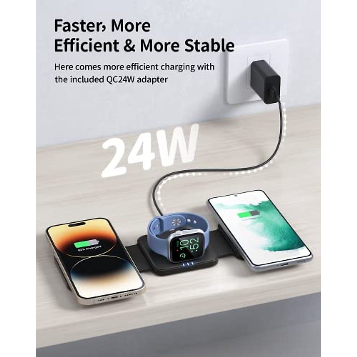 3 in 1 Foldable Wireless Charger, JoyGeek Magnetic Wireless Charging Pad, Mag-Safe Wireless Charging Station for iPhone 14/13/12/11 Series, Apple Watch, AirPods (QC 24W Adapter Included)