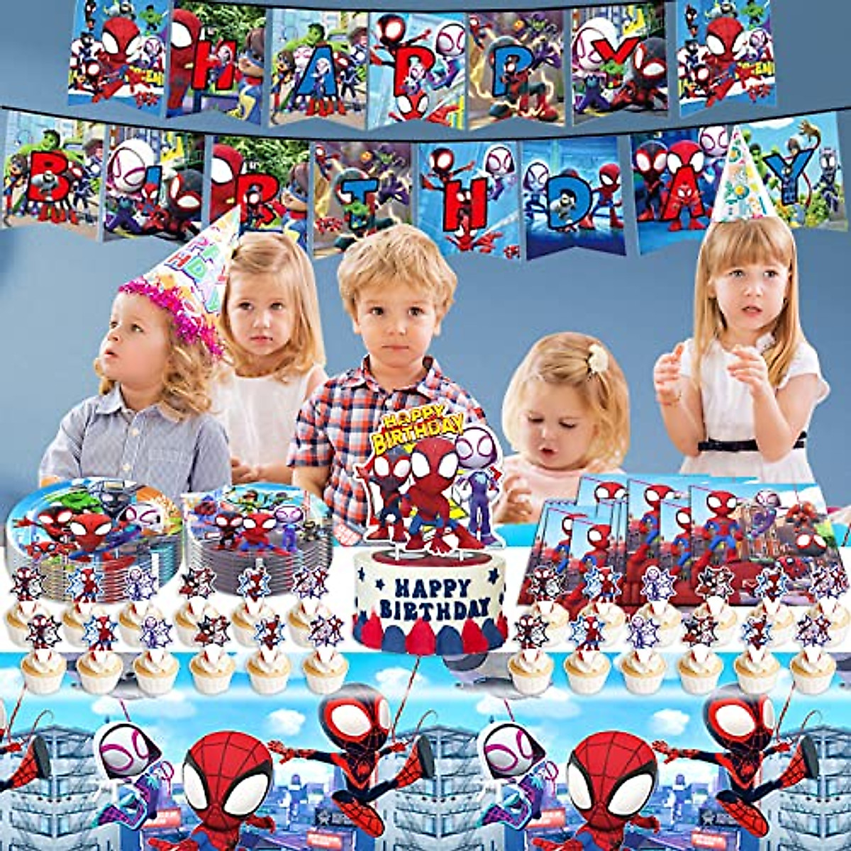 Spider and His Amazing Friends Birthday Party Supplies，Spider Theme Party Decorations With 20 Plates 10 Paper Towels 1 Tablecloth 1 Set of Banners and Cake Inserts， for Fans SPlDERMER Party Supplies
