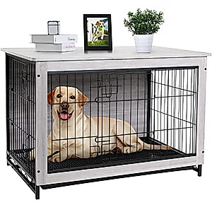 Arlopu 44.1/38.6/29.1 Large Dog Crate Furniture, Side End Table, Mordern Kennel, Wooden Heavy-Duty Dog Cage, Dog House, Indoor End Table, Night Stand,w/Removable Tray, Double-Door, 3mm(Dia) Wire