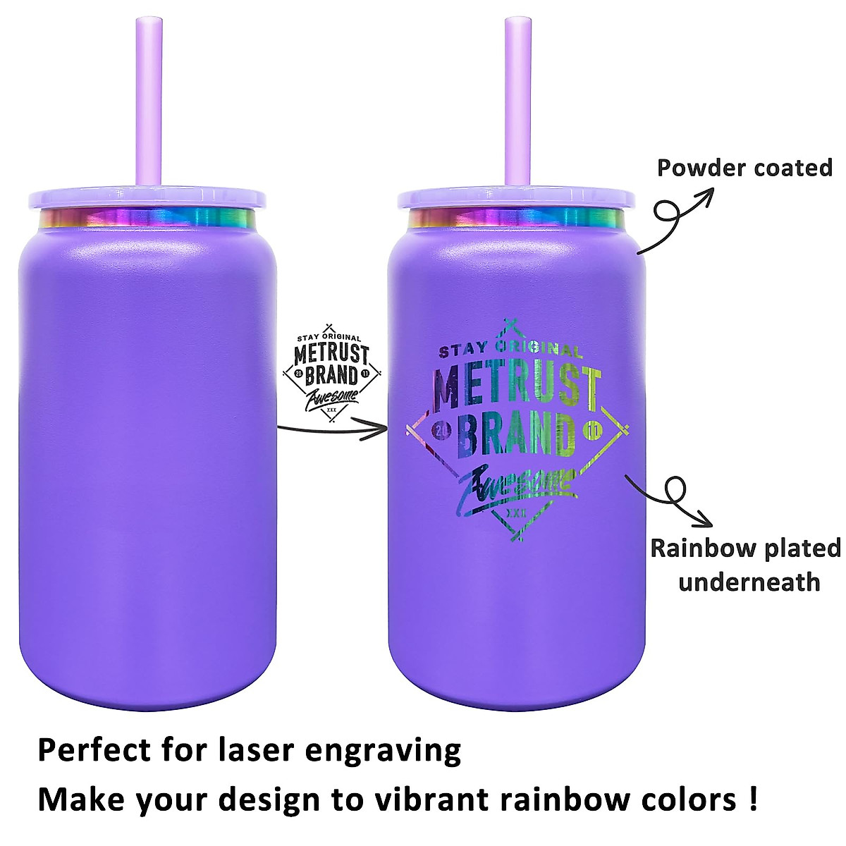 Glass Cups with Lids and Straws, 16 oz Stainless Steel Cups, Insulated Skinny Tumbler, Powder Coated Travel Mugs for Laser Engrave, Iced Coffee Cup for Smoothie Water DIY Gift (Purple,1 pack)