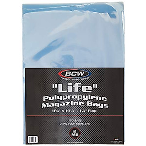 BCW Life Magazine Bags -1 Pack of 100 | Crystal Clear Polypropylene | Acid-Free Archival Quality | Protect and Store Collectible Life Magazines | Exterior 11 1/8 x 14 1/4