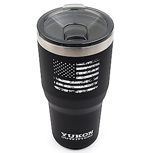 Yukon Outfitters Freedom High Grade 18/8 Stainless Steel Double Wall Vacuum Insulated Tumbler (30oz / 890ml) - 7.85" H x 3.9" Top Dia. / 2.9" Bottom dia., Black with 'Distressed USA Flag' engraving