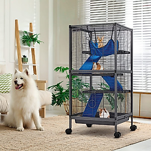 HABUTWAY 45''H Metal Small Animal Cages, Rolling Chinchilla Cage with Removable Ramps, Lagre Critter Nation Cage for Chinchillas/Guinea Pigs/Rabbit, Ferret Cages with Hammock & 4 Tiers, Black