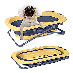 BEBEROAD PETS Pet Bathtub Collapsible Pet Bath Tub Height Adjustable Portable Dog Cat Bathing Tub for Small Medium Pets-Foldable Pet Shower Tub with Drainage Hole, Yellow, 23.6 x 12.6 x 8.3 Inches