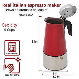 Mixpresso Stovetop Espresso Coffee Maker 15oz/9 Espresso Cup, Moka Coffee Pot with Coffee Percolator Design, Stainless Steel Stovetop Espresso Maker, Italian Coffee Maker, Red Coffee Maker