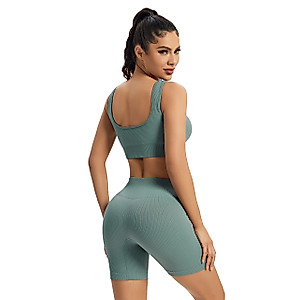 Chiphell Ribbed Workout Sets for Women 2 Piece Square Neck Crop Top and High Waist Biker Shorts Seamless Activewear Tracksuit