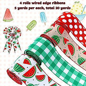 4 Rolls 20 Yards x 2.5 Inch Wired Ribbons Watermelon Printed Ribbons Check Plaid Dot Pattern Green Red Ribbons for Summer Wreaths, Wrapping, Floral Arrangements and DIY Crafting Supplies, 4 Styles