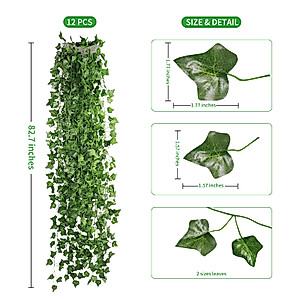 EZFLOWERY 12 Strands 84 Feet Artificial Ivy Vines Leaves, Silk Garland Fake Greenery Hanging Leaf Plants for Wedding, Wall Decor, Party, Room, Garden, Home Decor - Green