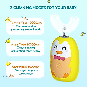 mornwell Kids Toothbrush Electric, Auto Toothbrush for Kid New Model Ultrasonic Kids Electric Toothbrush, U Type Whitening Massage Toothbrush, IPX7 Waterproof Smart Rechargeable Toothbrush (Yellow)