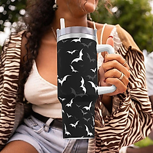 deaokluy 40 OZ Bats Ice Bully Cup with Handle and Straw, Double Wall Stainless Steel Tumbler Travel Coffee Cup with Lid, Halloween Insulation and Cooling Cup for Christmas Birthday Present