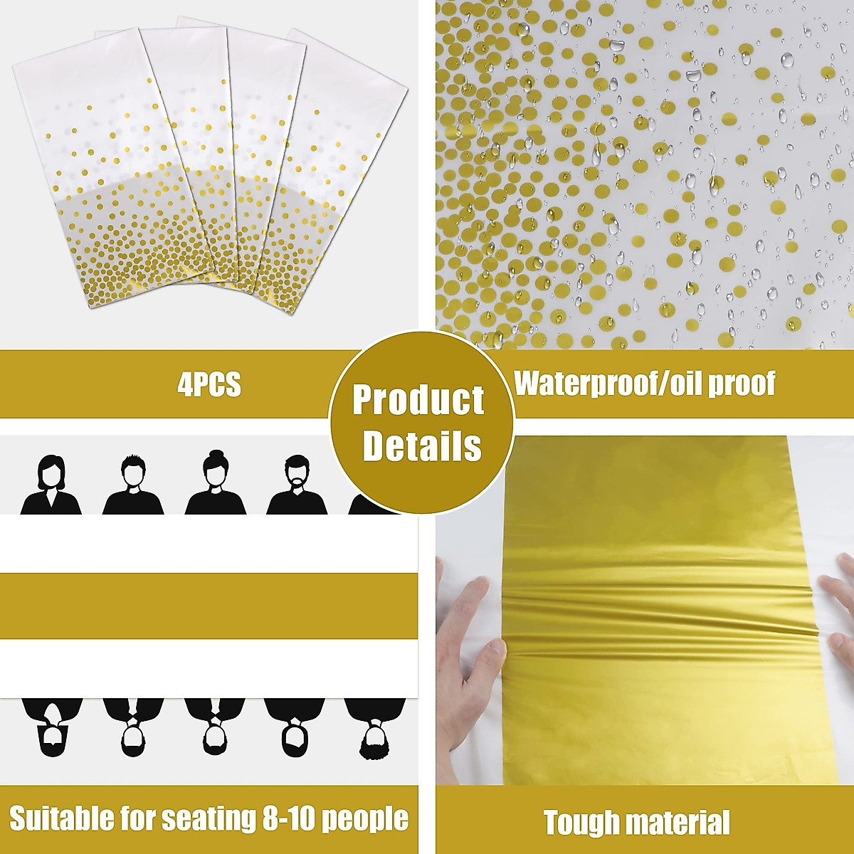 OHOME 4 Pack Disposable Plastic Table Cloths for Parties,White and Gold Rectangle Table Covers for Wedding Bridal Shower Birthday | Baptism Decorations,Engagement Party Decorations 54" x 108"