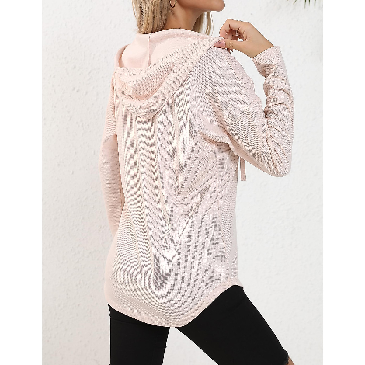 morhuduck Women's V Neck Hoodies Long Sleeve Sweatshirt Drawstring Pullover Tops with Pocket (Apricot M)