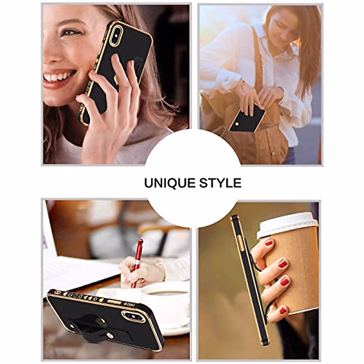 VENINGO iPhone X Case, iPhone Xs Case, Slim Fit Plating Heart Soft TPU with Adjustable Wristband Kickstand Scratch Resistant Shockproof Protective Phone Cover for Apple iPhone X/XS 5.8", Black/Golden