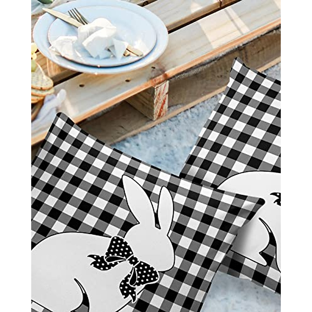 Outdoor Waterproof Throw Pillow Covers 2 Pack Rabbit Easter Bunny Point Bow Square Couch Sofa Cushion Cases White Black Checker Pillowcase Shell for Patio Garden Home Decoration
