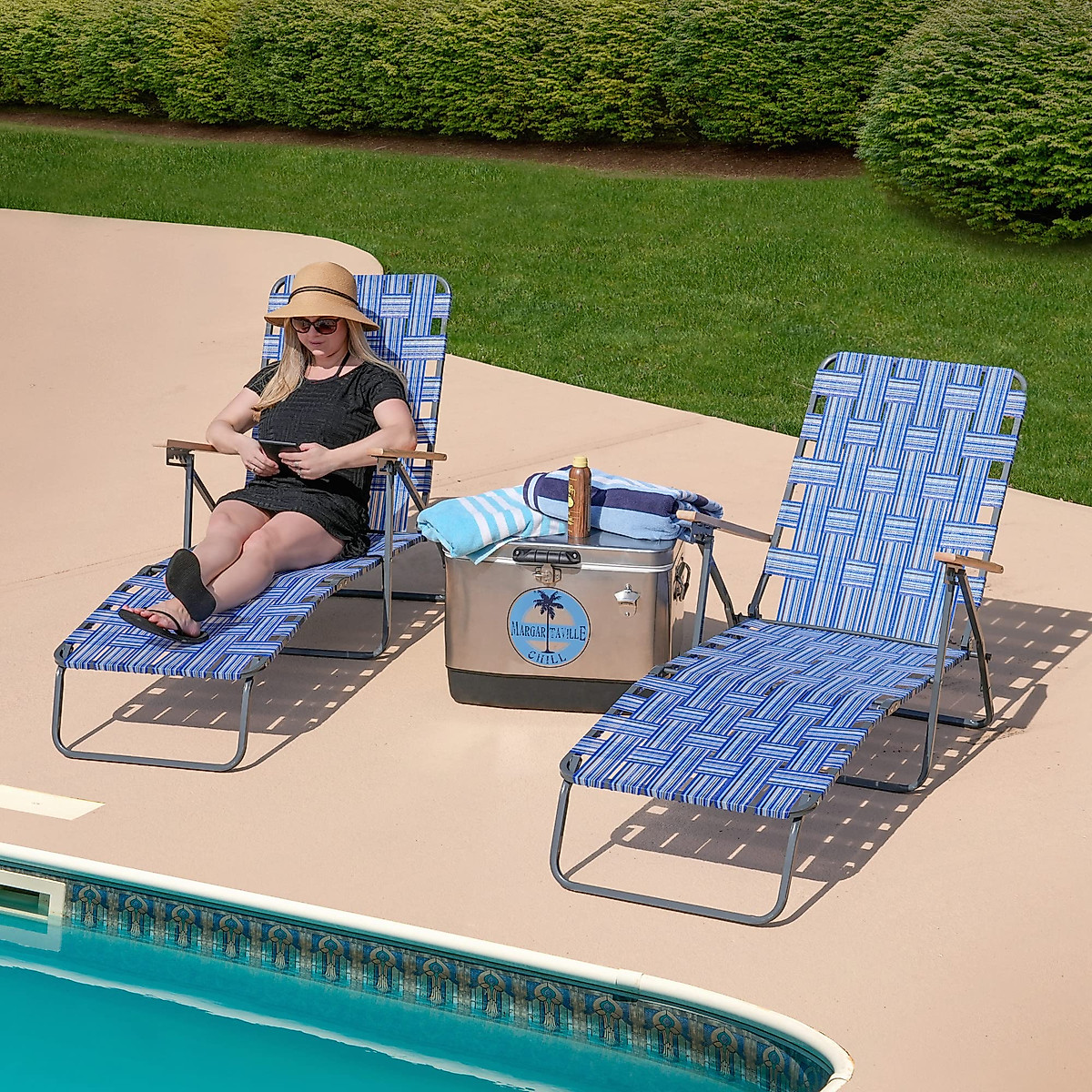 CAMP & GO Steel Folding Grey Outdoor Patio/Camping Chair with Blue Woven Fabric and Arm Rests (Pack of 2)