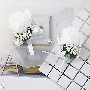 Febou Wrist Corsage 4 Packs Wedding Bridal Wrist Flower Rose Wristband Corsage Flower for Bride Bridesmaid Perfect for Wedding, Prom, Party (4 Packs, Wrist-White)