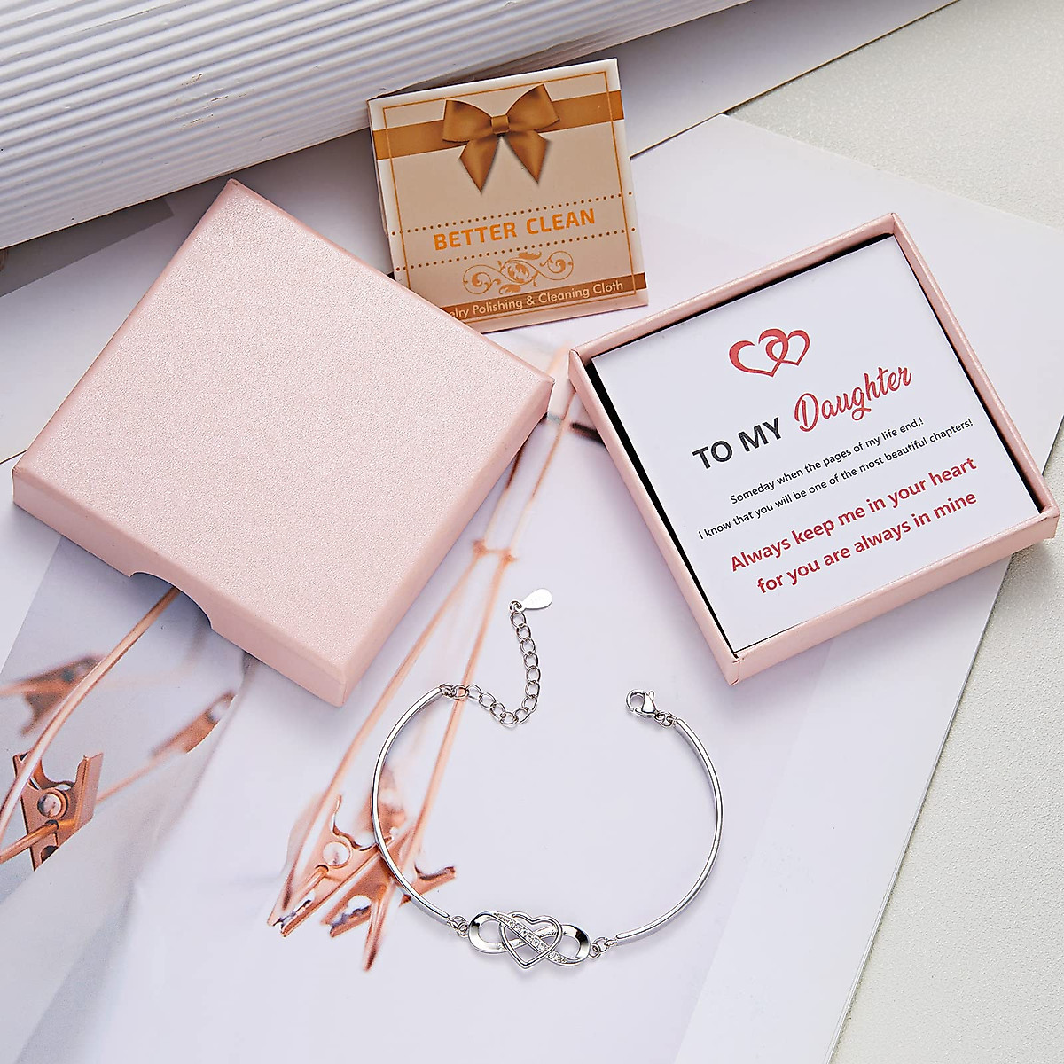 beemean Daughter Infinity Bracelet Infinity Love Heart Bracelet for Daughter-in-Law Bracelet with Inspirational Message Card Adjustable Length Bangle Bracelets(daughter)