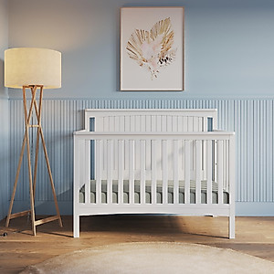 Child Craft Scout 4-Piece Nursery Set with 4-in-1 Convertible Crib, Dresser with Changing Table Topper, Cozy Glider, and Toy Box, Grows with Your Baby (Matte White)