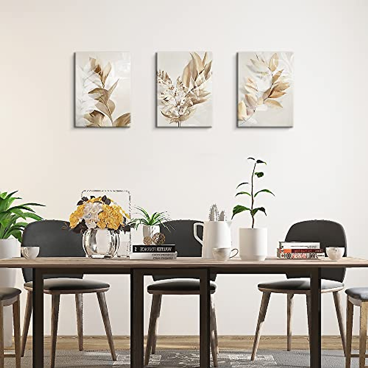 ARTINME Set of 3 Morden Gold Leaf Prints Wall Art, White Flower Gold Leaf Canvas Prints on Canvas Artwork for Dinning Room Bedroom Living Room 12 * 16 inch
