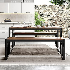 IMUsee 3-Piece 47.2" Dining Table Set for 4-6,Modern Rustic Kitchen Table with Metal Frame and Wood Board,Kitchen & Dining Room Table Set with Benches,Space-Saving Dinette for Small Space,Black&Walnut