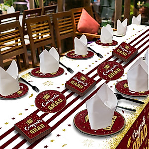 Maroon and Gold Graduation Party Tableware Kit for 24 Guests Class of 2025 Graduates Decorations and Supplies with Congrats Grad Banner, Plates, Graduation Tablecloth, Napkins and More