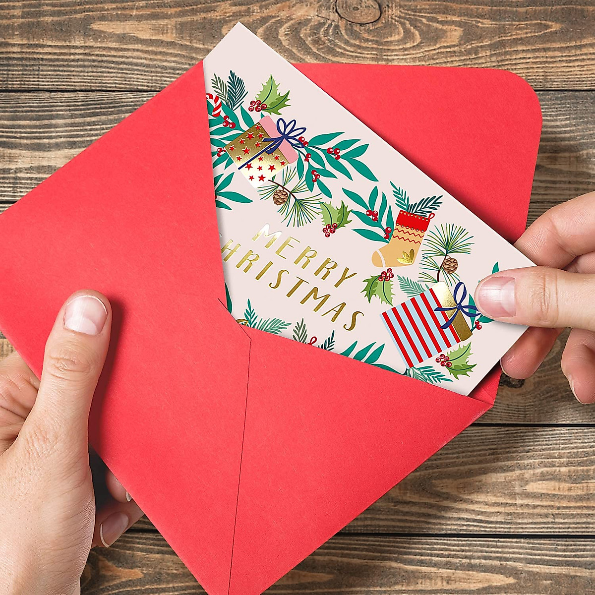 Christmas Cards Set - 24 Gold Foil Holiday Cards with Red Envelopes – 6 Assorted Designs Boxed for Easy Storage - 4.25 x 5.75, Bulk Greeting and New Years Decor Sheets