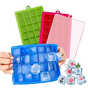 Ice Cube Trays Silicone - 3 Pack Silicone Ice Cube Trays Molds with Lid for Freezer, Removable and Stackable, 24 Ice Cubes Per Trays for Cocktail/Whisky/Beverages (Blue, Green, Rose Red)