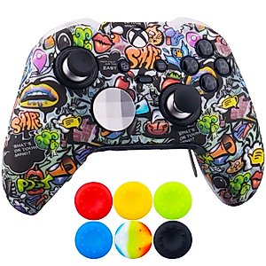 9CDeer 1 x Protective Customize Transfer Print Silicone Cover Skin Strawberry + 6 Thumb Grips Analog Caps for Xbox Elite Wireless Controller Compatible with Official Stereo Headset Adapter