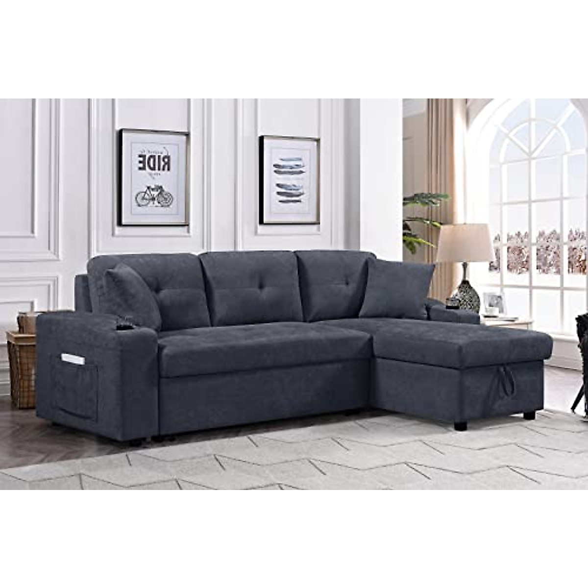 OPTOUGH Sleeper Sectional Sofa with Storage Chaise and Pull Out Bed,L-Shaped Couch with 2 Cupholders, Side Pockets & Pillows for Living Room Apartment, Gray, Dark Grey