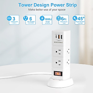 Power Strip Tower 6 Outlets with 3 USB Ports(PD20W & QC18W) Quick Desk Charging Station, 6 ft White Extension Cord, Flat Plug, Multi Plug Outlet Extender,1080 J Surge Protector for Home Office