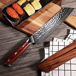 KEEMAKE Chef Knife 8 inch, Kiritsuke knife with Hammered Damascus Steel Blade Kitchen Knife, Japanese Gyutou knife with Pakkawood Handle Chopping Knife, Meat Cutting Knife With Walnut Sheath