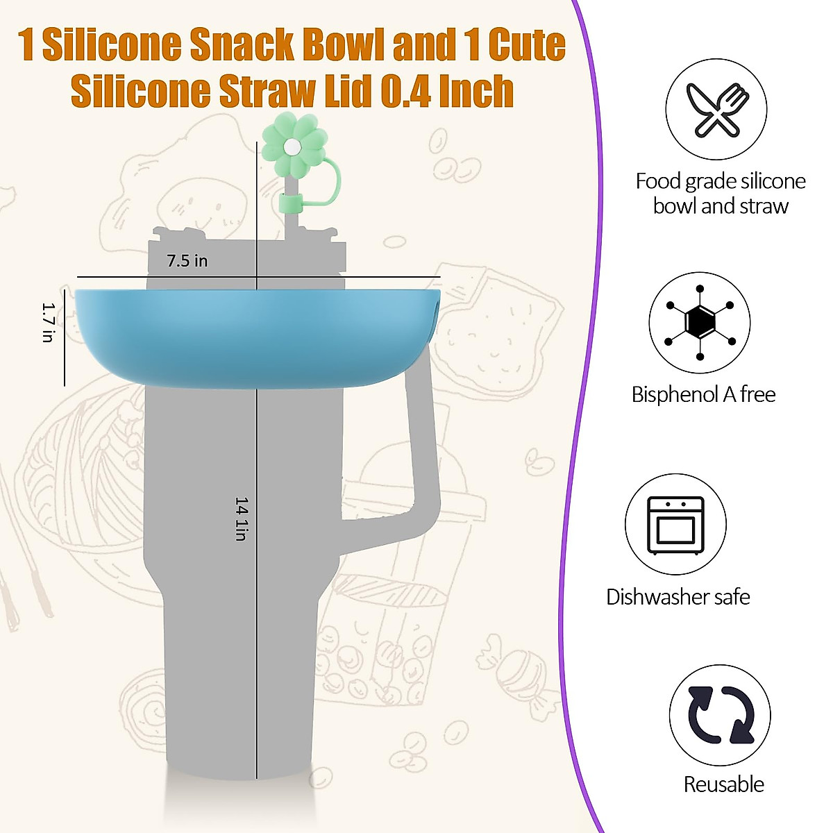 insefocc Stanley Cup 30 oz Snack Bowl with Handle, Compatible with Stanley Cup 30 oz Snack Bowl with Handle, Reusable Snack Bowl, Stanley Accessories, Silicone (White Snack Bowl)