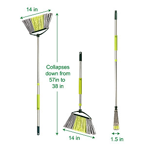 Pine-Sol Indoor Jumbo Broom with Long, Stainless Steel Collapsible Handle for Easy Storage, Heavy Duty Angle Bristles for Wood, Tile, Linoleum, and More - Sweeps Wet or Dry Debris