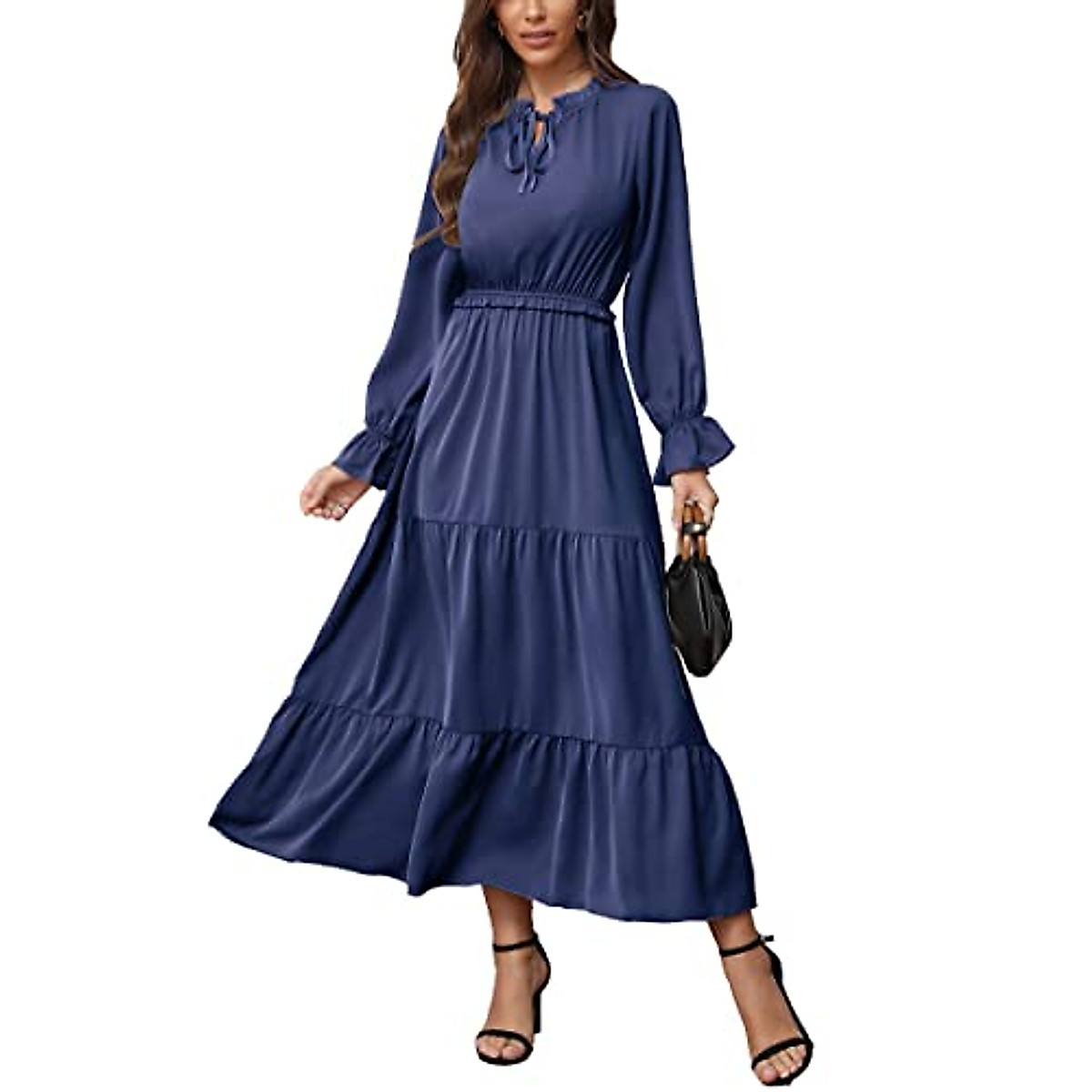 KIRUNDO Women's 2023 Fall Long Sleeve Tie Crew Neck Maxi Dress Casual Empire Waist Boho Ruffle Flowy Long Dresses(Navy, X-Large)