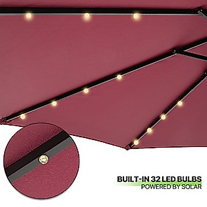 Magshion 9FT Solar Patio Umbrella with 32 LED Lights, Outdoor Market Umbrella with 8 Steel Ribs & Crank Lift, Windproof Sunshade for Garden, Deck, Backyard & Pool (Burgundy)