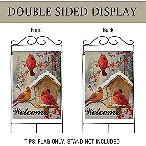 Artofy Welcome Winter Cardinals Red Birds Home Decorative House Flag, Birdhouse Berries Tree Garden Yard Outside Decor, Christmas Snow Farmhouse Outdoor Large Seasonal Decoration Double Sided 28x40