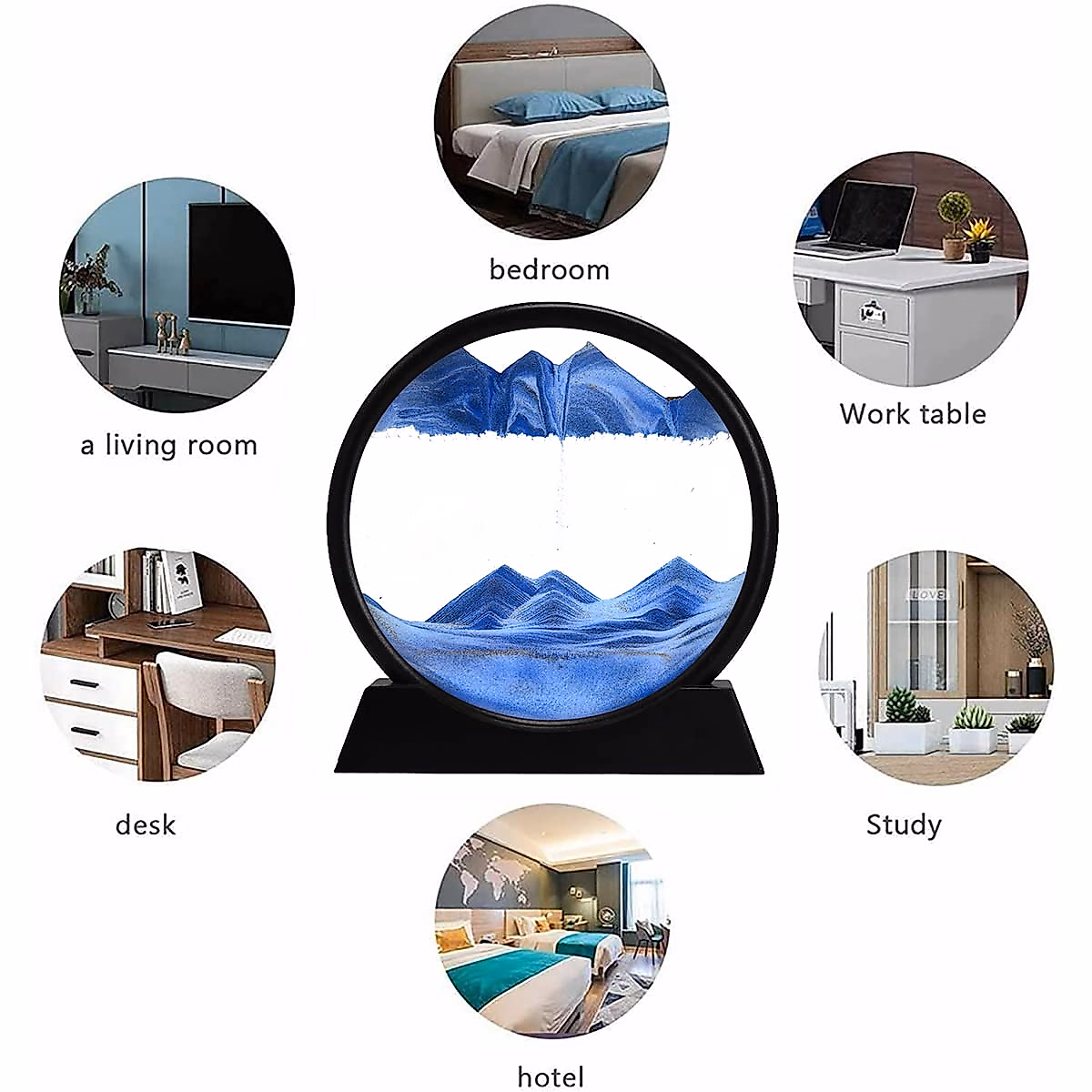 rysnwsu 3D Dynamic Sand Art Liquid Motion, Moving Sand Art Picture Round Glass 3D Deep Sea Sandscape in Motion Display Flowing Sand Frame Relaxing Desktop Home Office Work Decor (Blue, 7'')