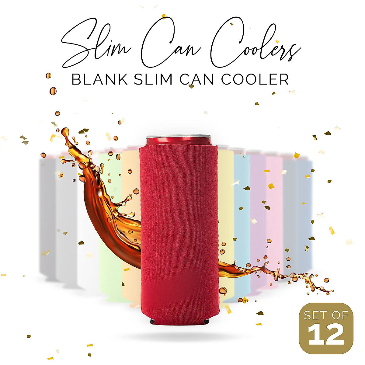 Slim Can Cooler Sleeves 12 Pack - Blank Skinny Can Cooler 12oz Foldable - Neoprene Can Cooler - Slim Can Insulator, Slim Beverage Cooler for Beer & Soda - Sublimation Can Cooler (Assorted)