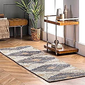 nuLOOM Hand Braided Marla Denim And Jute Diamonds Runner Rug, 2' 6" x 8', Off-white