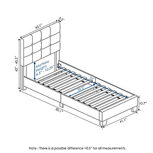 Furinno Laval Button Tufted Upholstered Platform Bed Frame, Twin, Linen