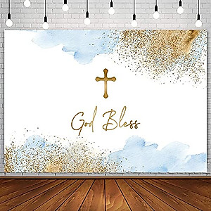 SENDY 7x5ft God Bless Backdrop for Boy First Holy Communion Baptism Christening Party Decorations Blue Watercolor Clouds Gold Cross Newborn Baby Shower Photography Background Banner Photo Booth Studio