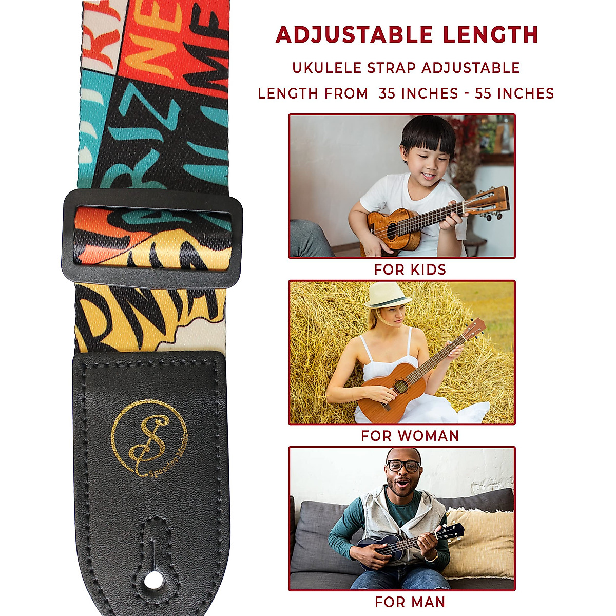 Speedee Music Embroidered Ukulele Strap Kit - 1 US Map Camo Design Ukulele Strap, 3 Guitar Picks, 1 Strap Button, 1 Pick Holder Orange Black Red Blue Yellow White