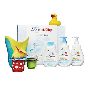 Baby Dove + Nuby Splish Splash Bathtime Gift Set Body Wash, Shampoo, Lotion, Hot Safe Bath Duck, Stacking Cups and Tear-Free Rinse Pail Baby Dermatologist Tested