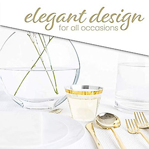 PLASTICPRO 9 oz Disposable Plastic Party Cups,Old fashioned Designed Tumblers, With gold Rim 100 Count, Crystal Clear