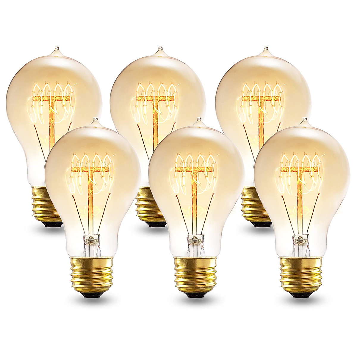 Figame A19 Edison Bulb 40W 6-Pack - Dimmable 120V Amber Glass, Antique Retro Style Old-Fashioned Incandescent Bulb, 2200K Warm Yellow Light, for Home Office Desk Lamp