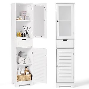 Kazila Bathroom Storage Floor Cabinet, Freestanding Wooden Storage Organizer with Glass Shutter Doors, 16 inchl x 12 inchw x 67 inchh, Ivory White