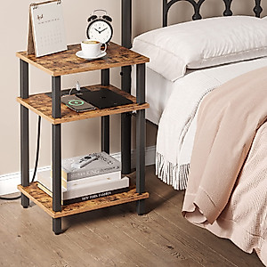 TUTOTAK End Table with Charging Station, Side Table with USB Ports and Outlets, Nightstand, 3-Tier Storage Shelf, Sofa Table for Small Space TB01BB042