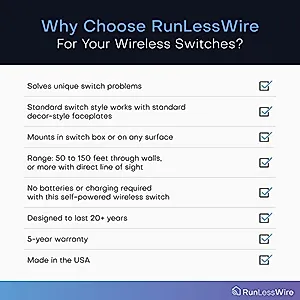 RunLessWire - The Original Self-Powered (NO Batteries) Wireless Light Switch & Receiver Kit, No WiFi Needed, DIY, Remote 150+ft RF Range - Basic: 1 Receiver, 1 Switch - White