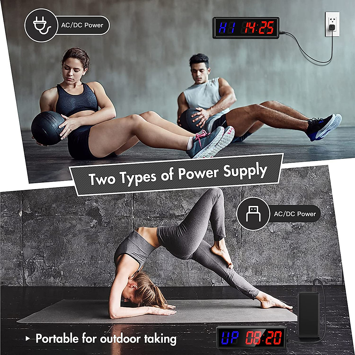 Seesii Gym Timer,LED Workout Colck Count Down/Up Clock,11.5" x 4" Ultra-Clear Digital Display, Power Bank Compatible with Workout Metal Stopwatch, Multi-Scenes with Remote (1.5 Inch Blue Red)